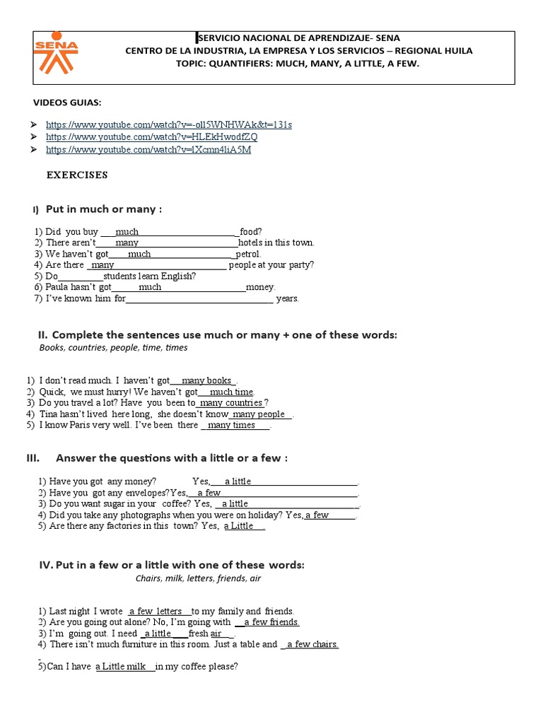 Guia de Trabajo Cuantificadores Much-Many-Little-Few | PDF | Western ...