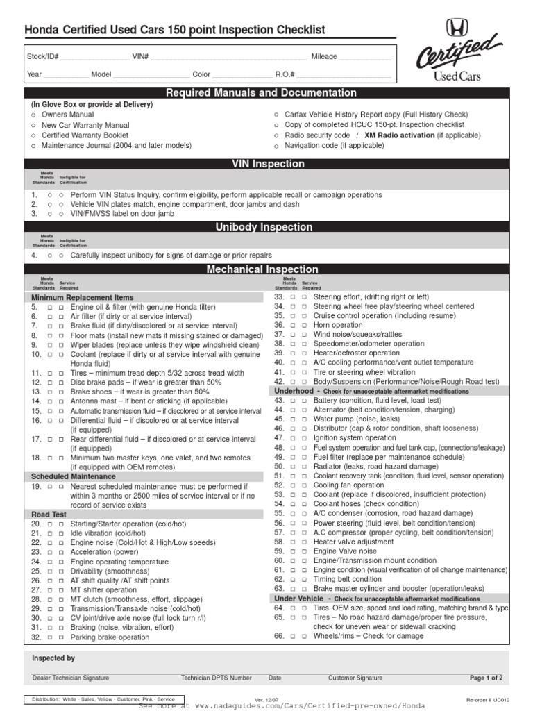 Honda 150-Point Inspection Checklist | PDF | Leak | Tire