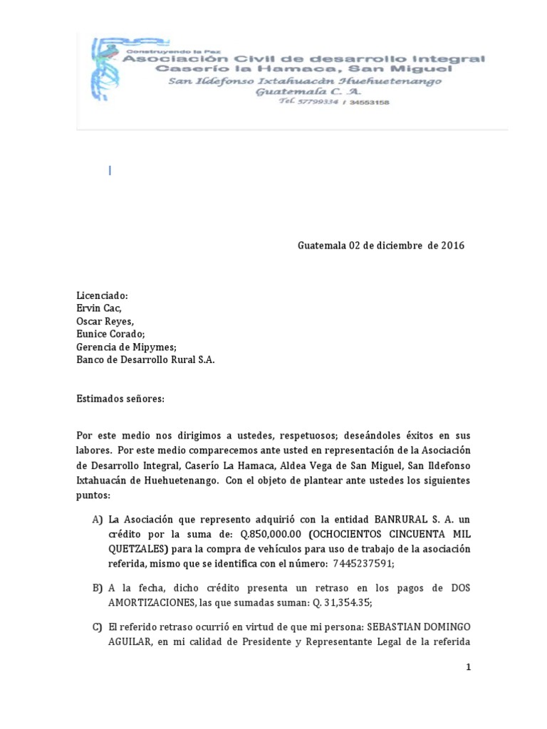 Solicitud Prorroga Banrural Asociacion 19 de Diciembre 2016 | PDF | Salud y bienestar | Medicina