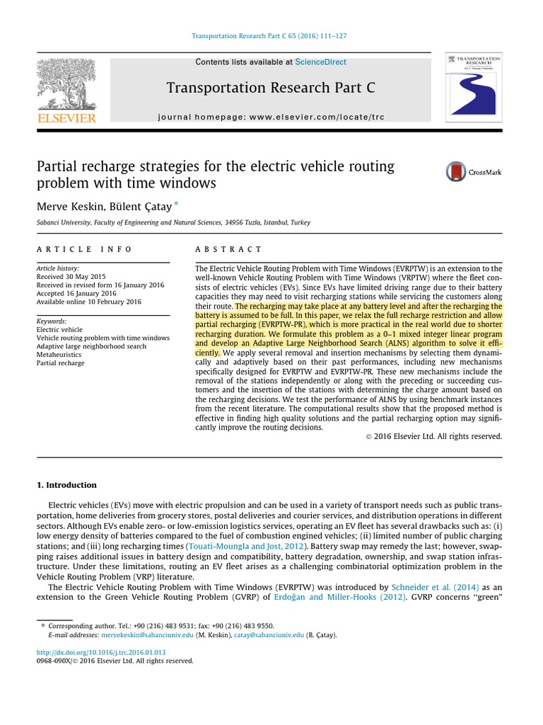 2016 - Partial Recharge Strategies For The Electric Vehicle Routing ...