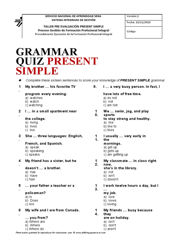 Grammar Quiz: Present Simple | PDF | Linguistics | Semiotics