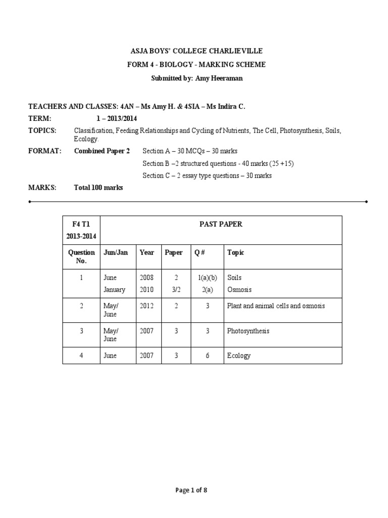 EXAM Solution Bio F4 T1 2013.14 | PDF | Stoma | Leaf