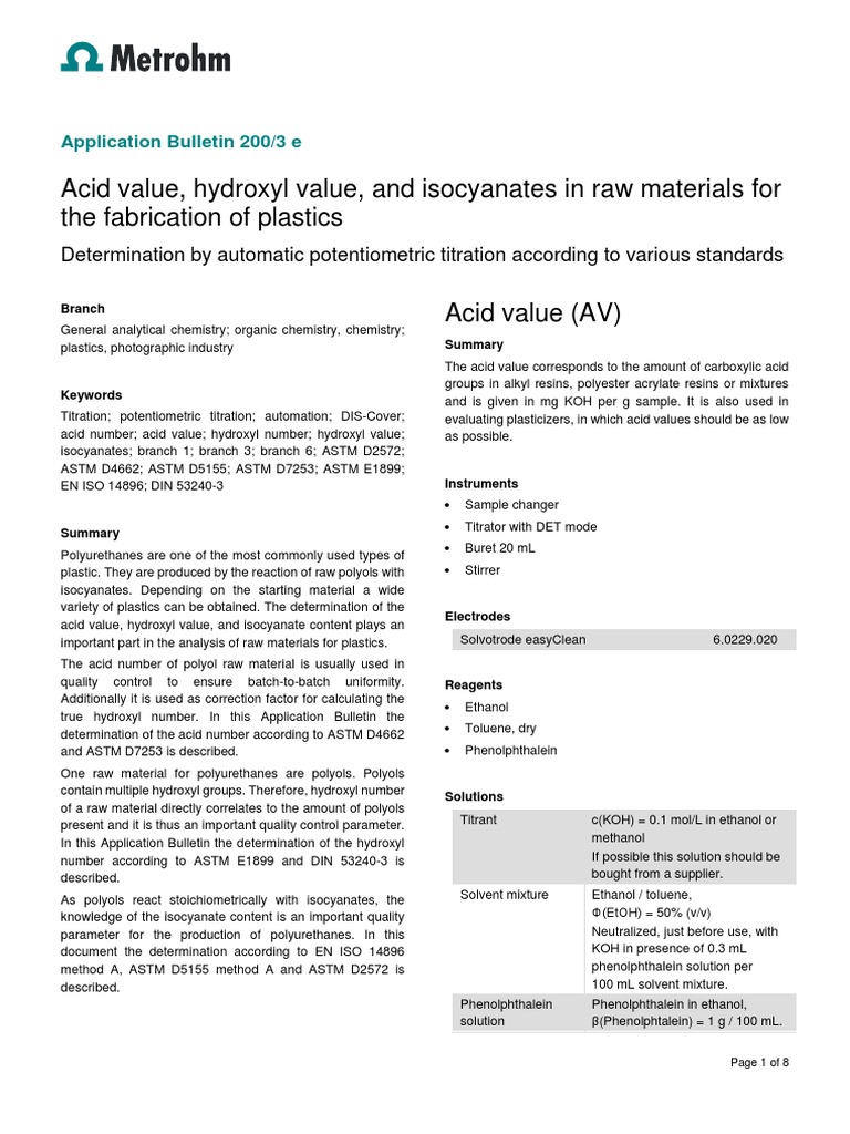 Acid Value, Hydroxyl Value, and Isocyanates in Raw Materials For The ...