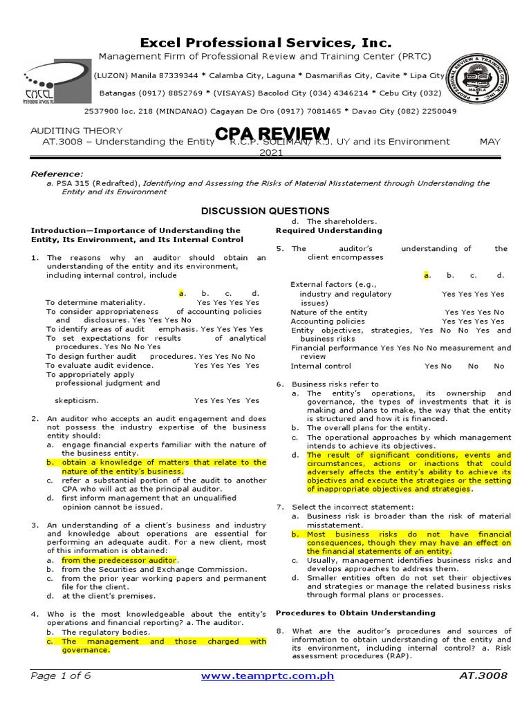 At.3008 Understanding The Entity and Its Environment | PDF | Internal Control | Audit