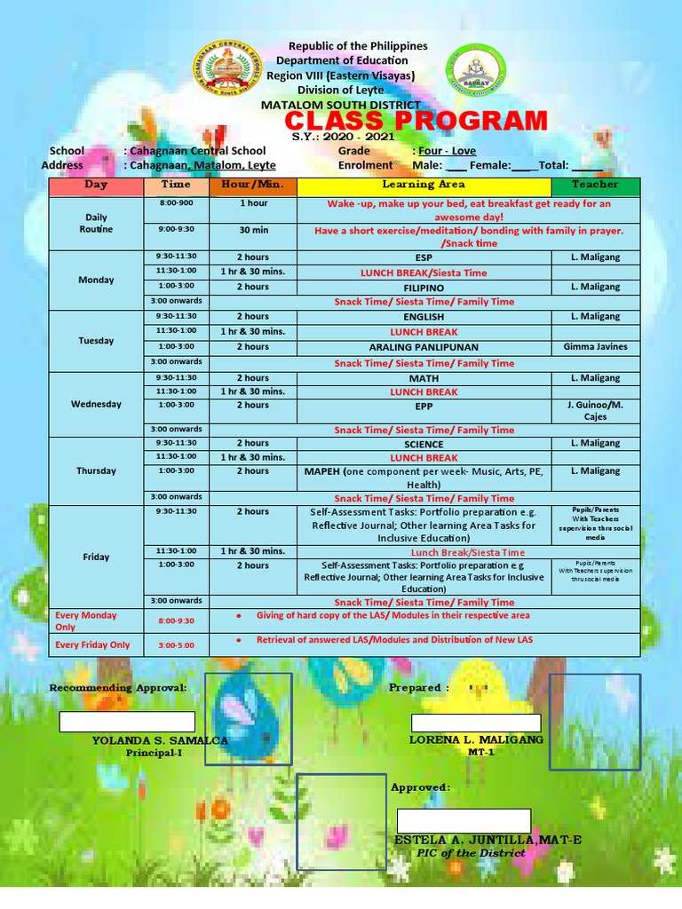 Class Program, Weekly Home Learning PLan & Teacher's Program 2020-2021 | PDF | Cognition ...