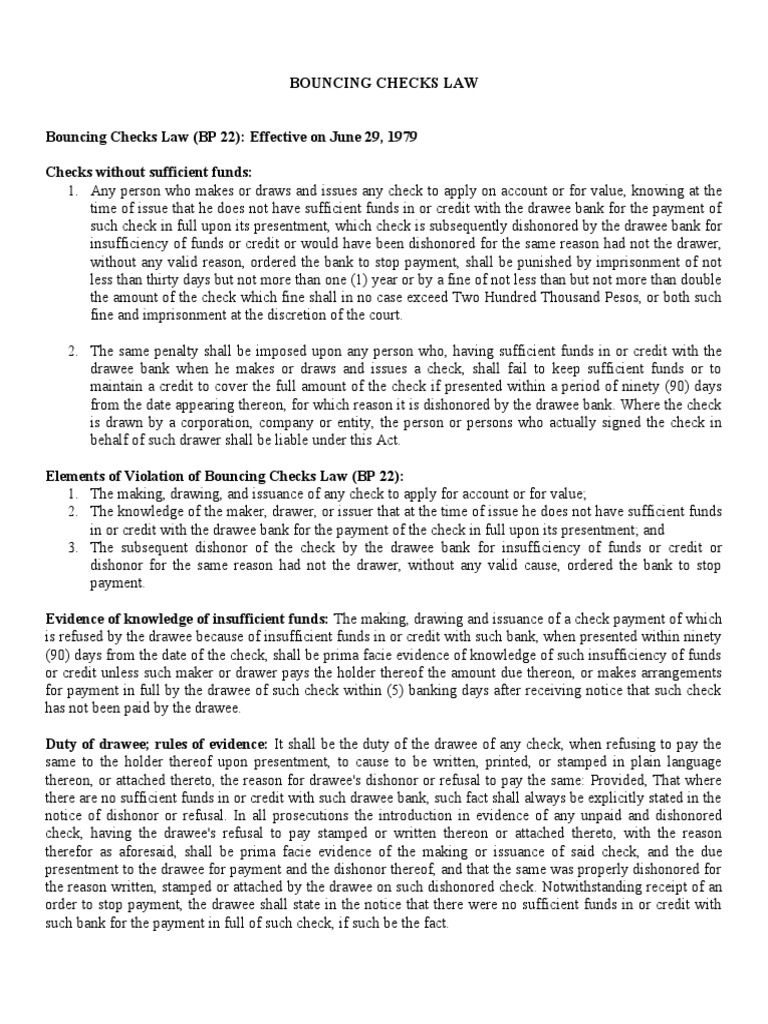 The Consequences of Bouncing Checks: An Overview of the Bouncing Checks Law | PDF | Cheque | Virtue