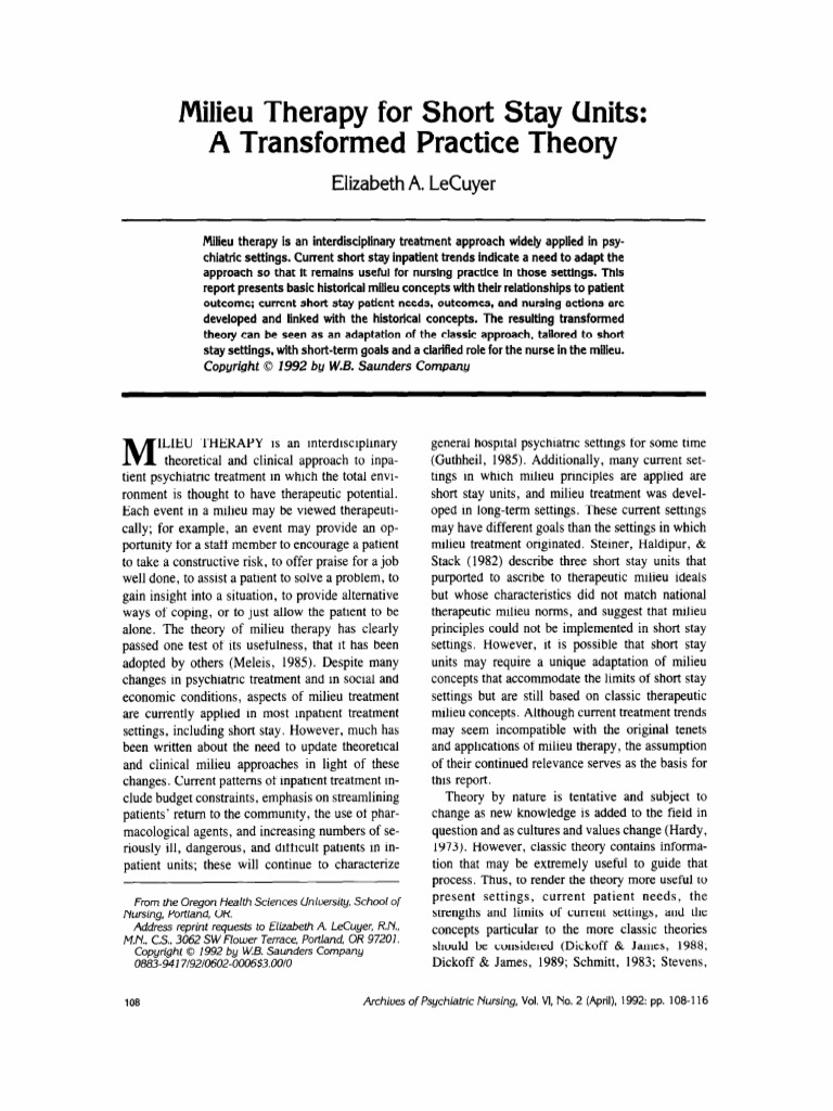 Milieu Therapy For Short Stay Units: A Transformed Practice Theory ...