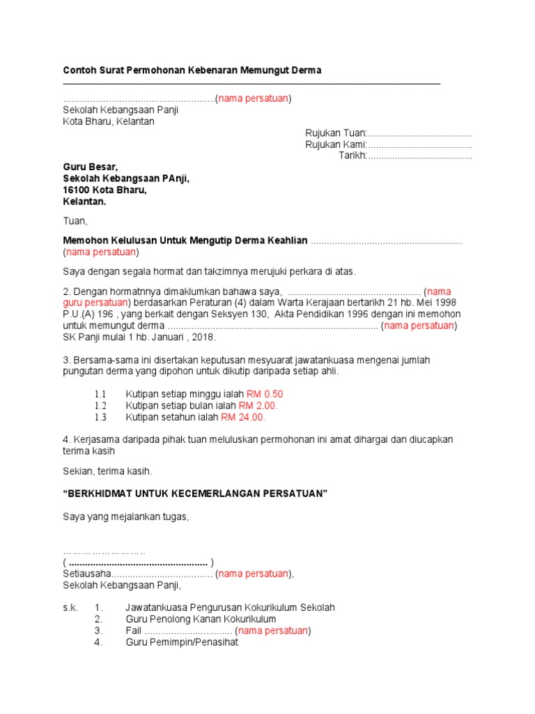 Contoh Surat Permohonan Kebenaran Memungut Derma | PDF