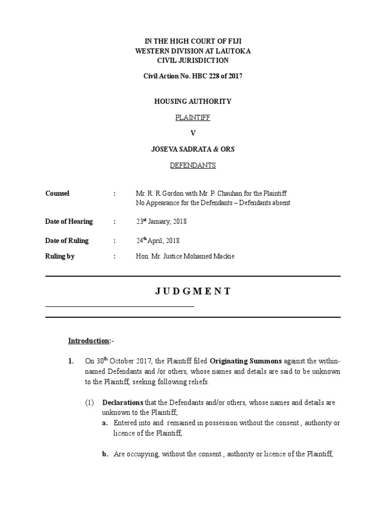 Judgment: in The High Court of Fiji Western Division at Lautoka Civil ...