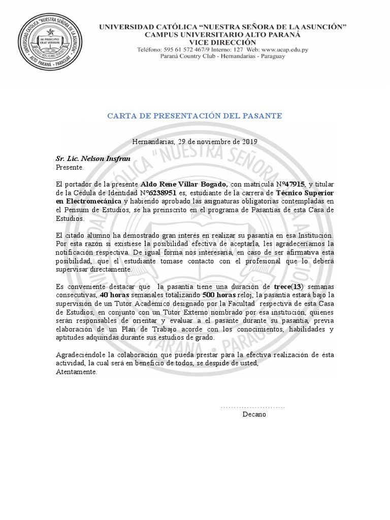Carta de Presentación Del Pasante | PDF