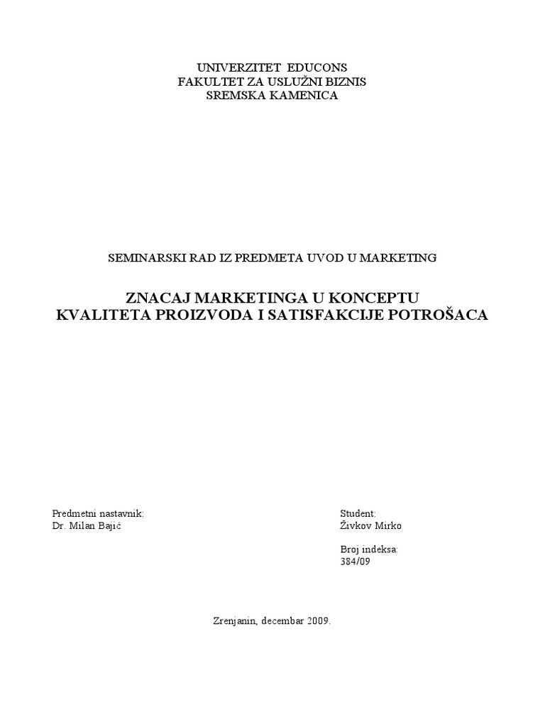 Uvod U Marketing A - Seminarski | PDF