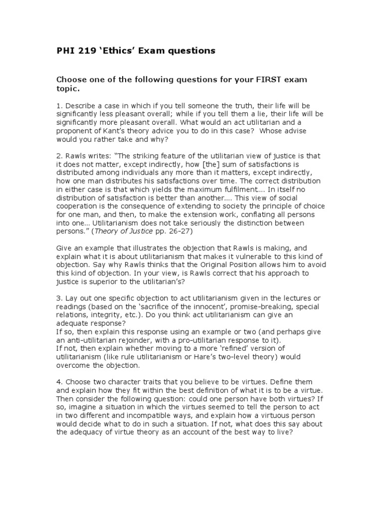 Ethics' Exam Questions | Download Free PDF | Utilitarianism | Justice