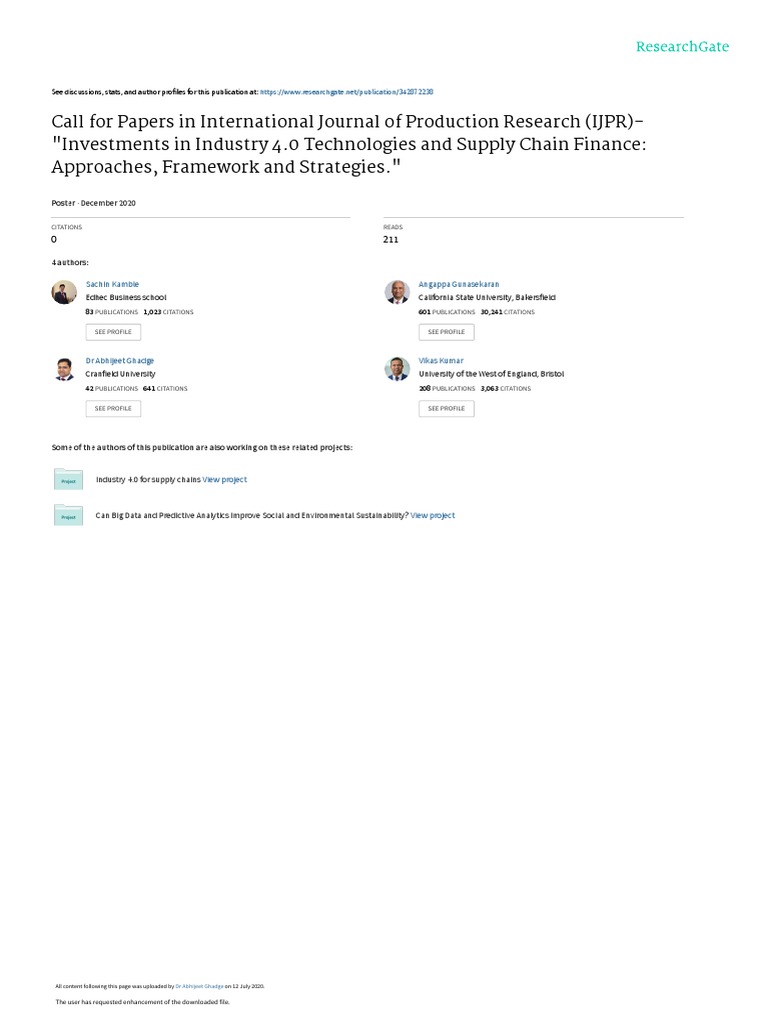 IJPR Call for Papers: Industry 4.0 | PDF | Supply Chain | International ...