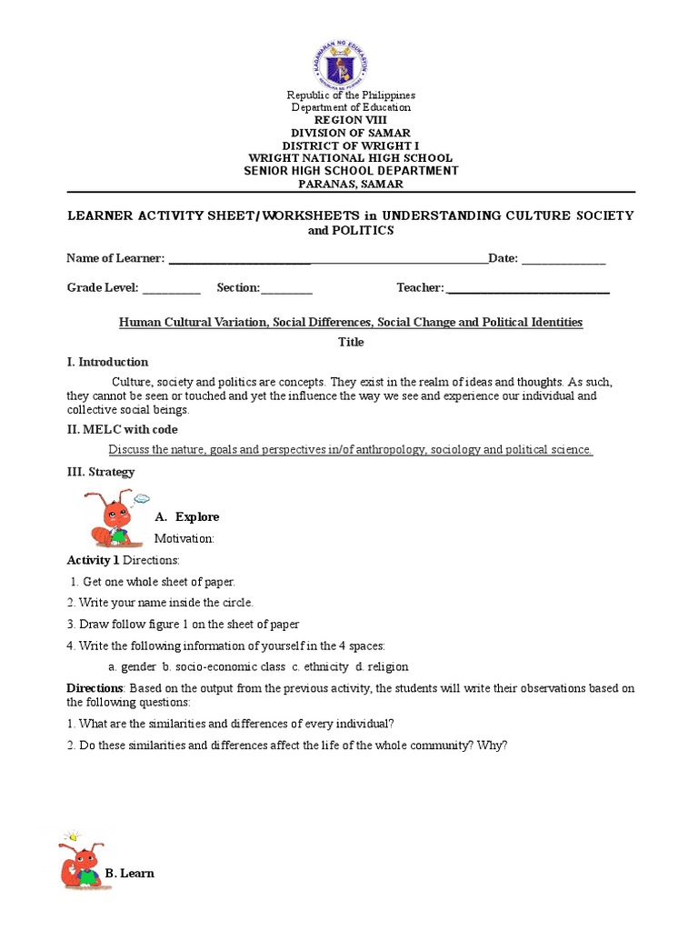 Learner Activity Sheet/Worksheets in Understanding Culture Society and ...