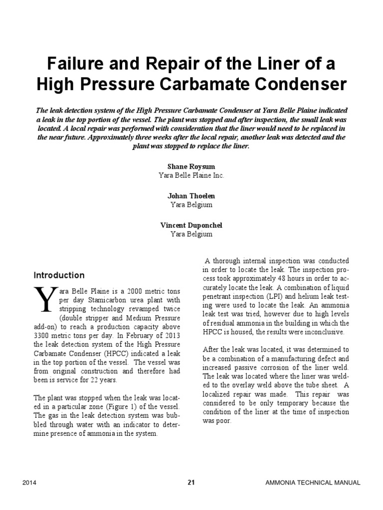 Failure and Repair of The Liner of A High Pressure Carbamate Condenser ...