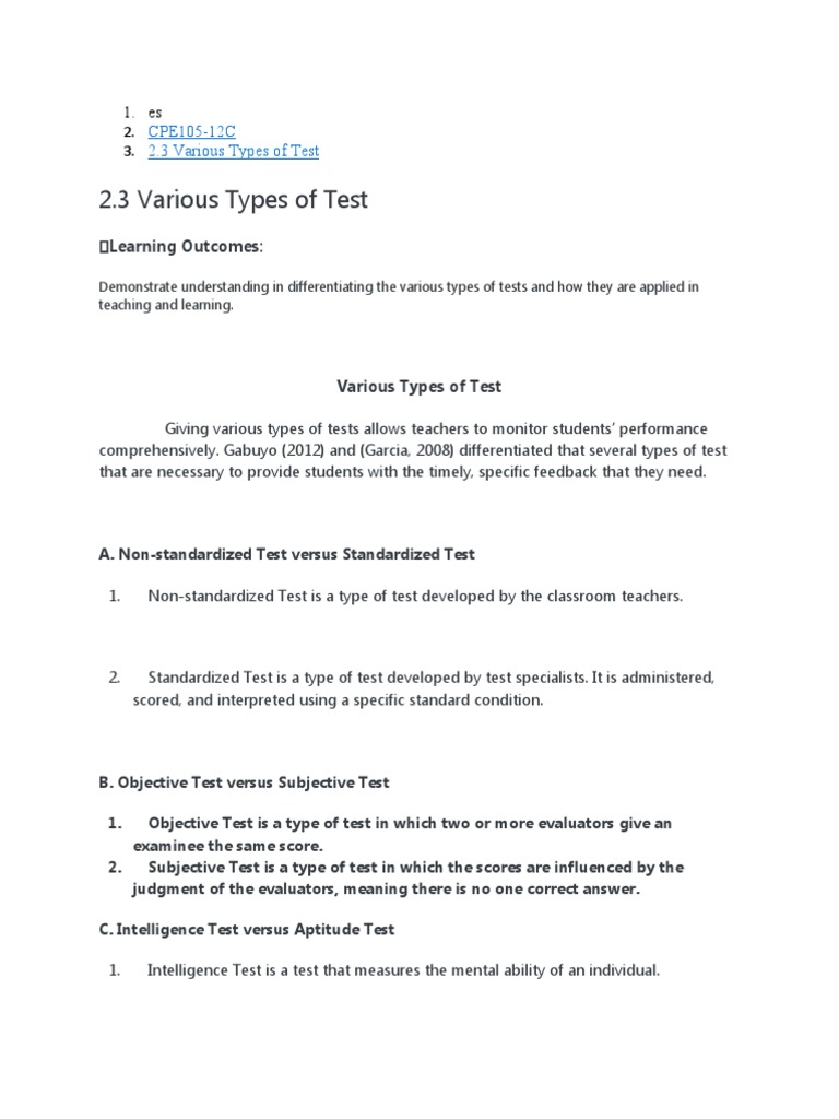 Various Types of Test | PDF | Standardized Tests | Test (Assessment)