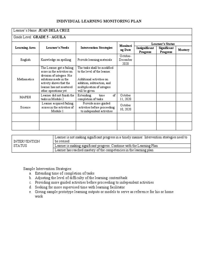 Individual Learning Monitoring Plan | PDF | Behavior Modification ...