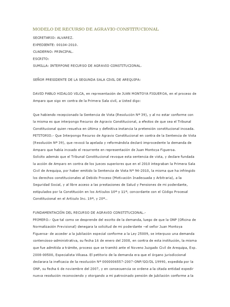 Modelo de Recurso de Agravio Constitucional | PDF | Sentencia (ley) | Ley procesal