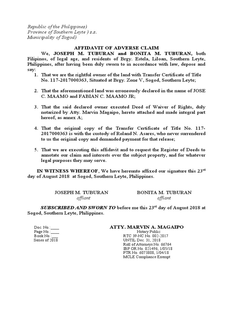 Affidavit of Adverse Claim | PDF
