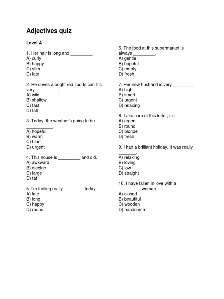 Adjectives Quiz Student | PDF | Linguistic Typology | Language Mechanics