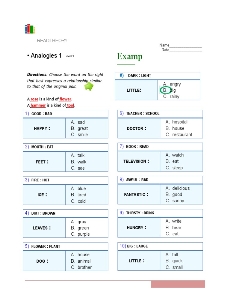 Analogies 1: Level 1 - Document Providing a Series of 10 Analogy ...