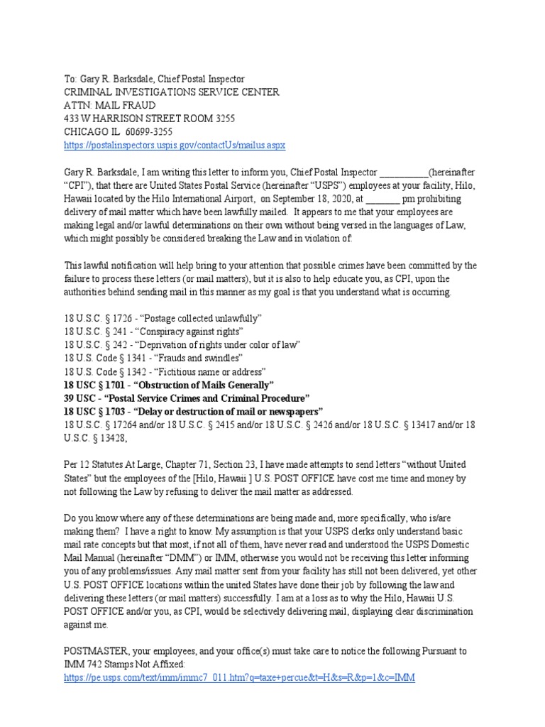 Letter To Postmaster | PDF | United States Postal Service | United ...