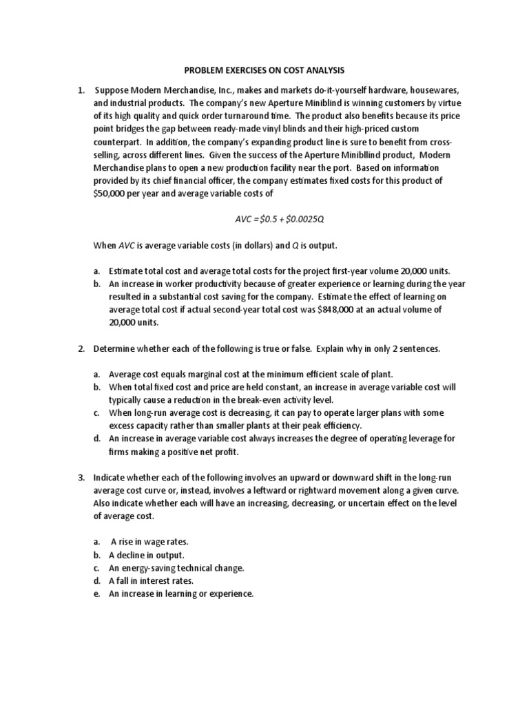 Problem Exercises On Cost Analysis | PDF | Average Cost | Market ...