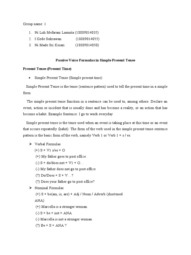 Passive Voice Formulas in Simple Present Tense Present Tense (Present ...