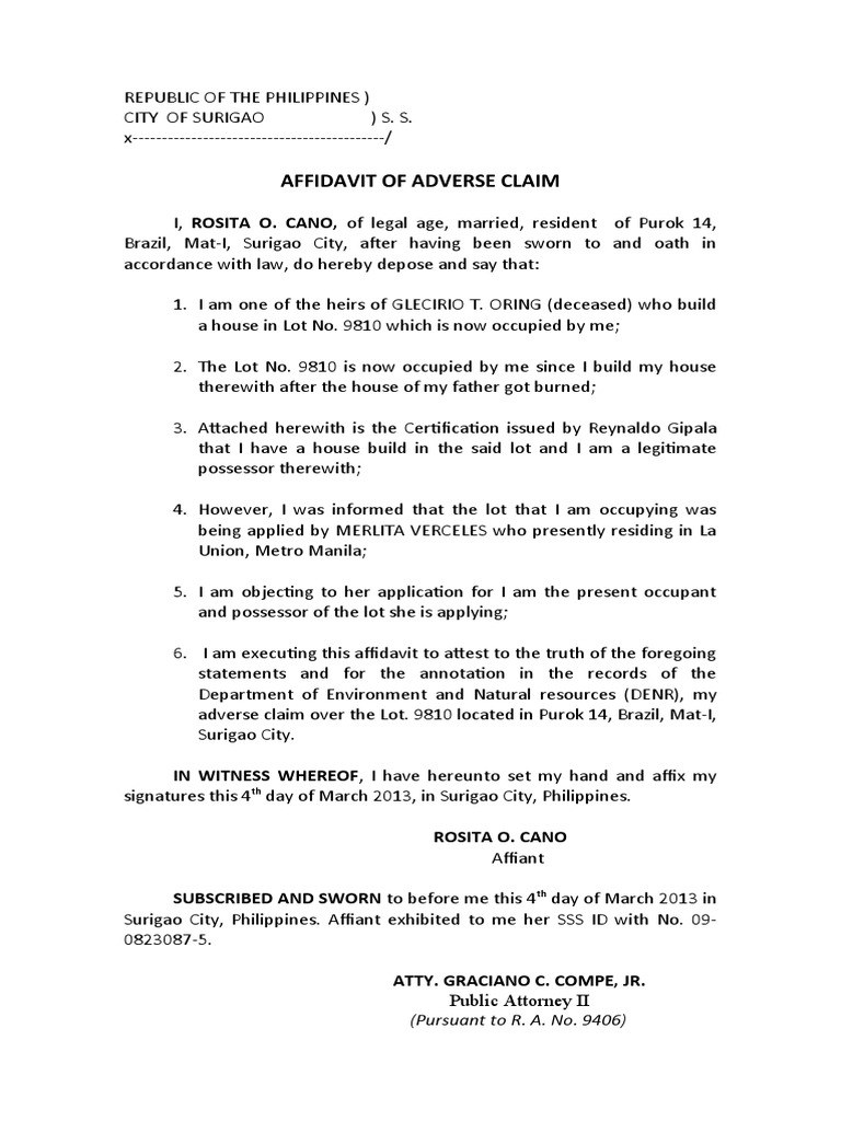 Affidavit of Adverse Claim: IN WITNESS WHEREOF, I Have Hereunto Set My ...