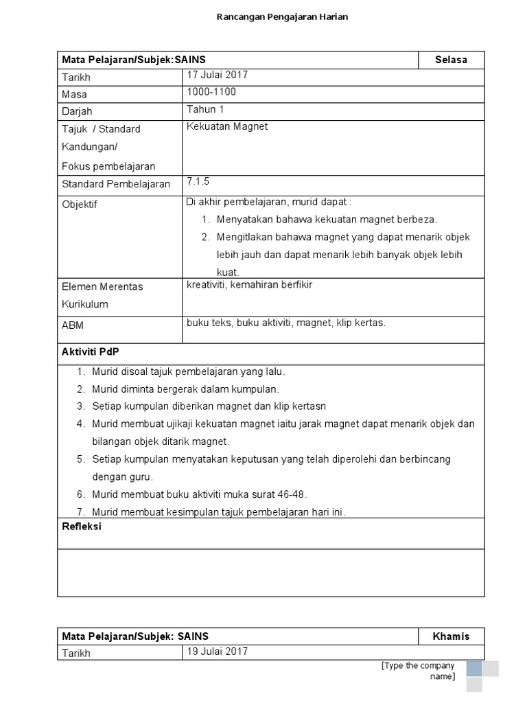 RPH Sains Tahun 1 Minggu 28 | PDF