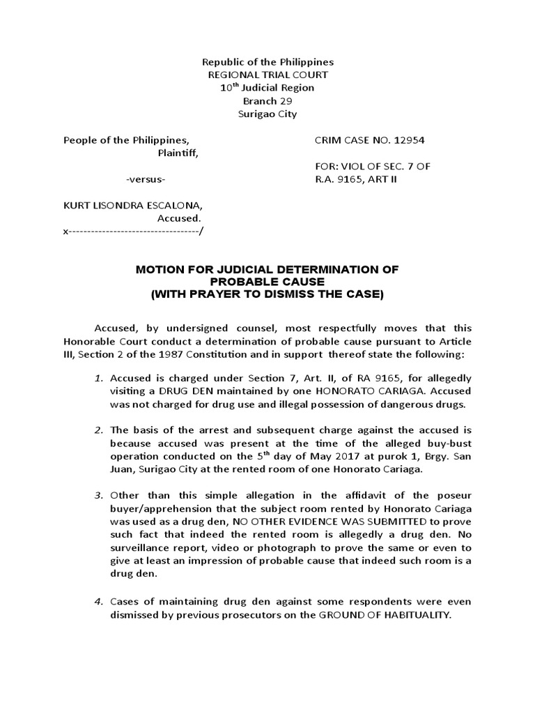 Escalona Lisondra Case Motion For Judicial Determination of Probable ...