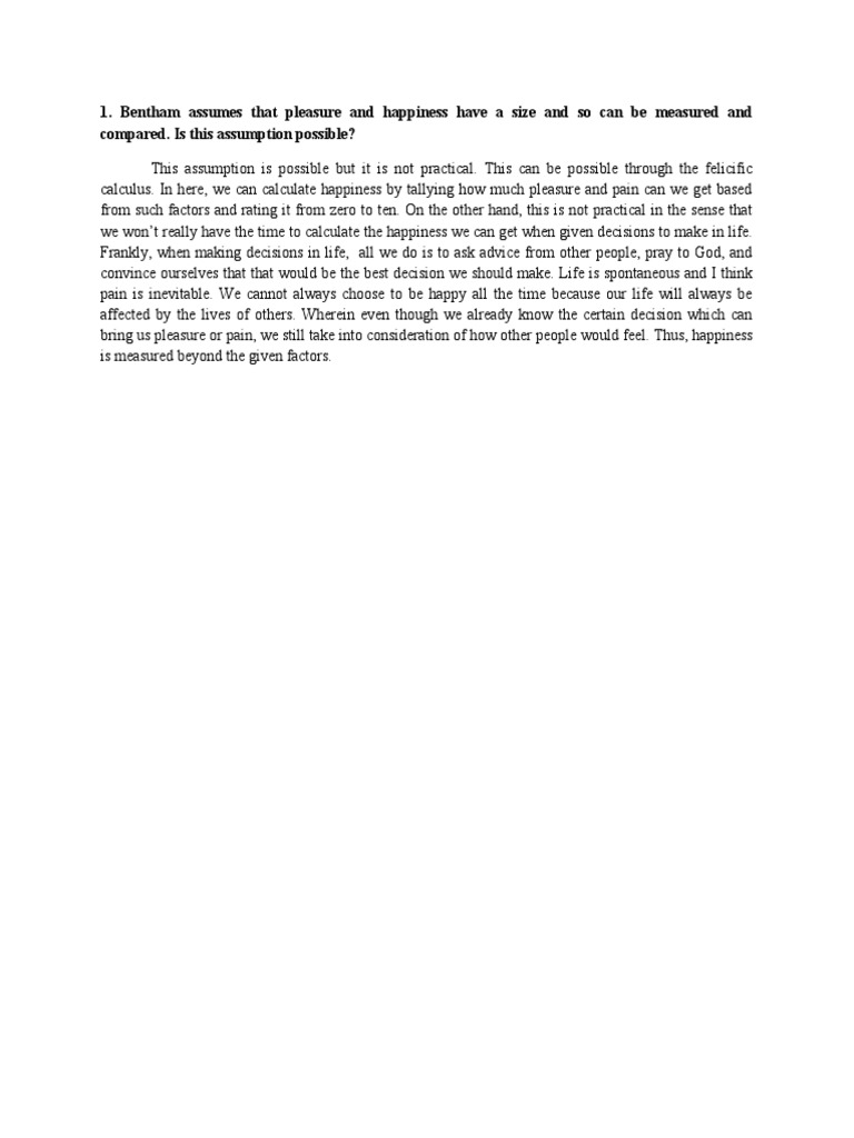 Measuring Happiness: Bentham's Assumption | PDF