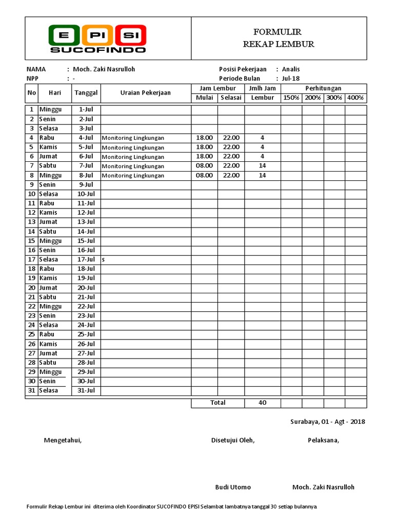 Form Rekap Lembur (Bulanan) | PDF
