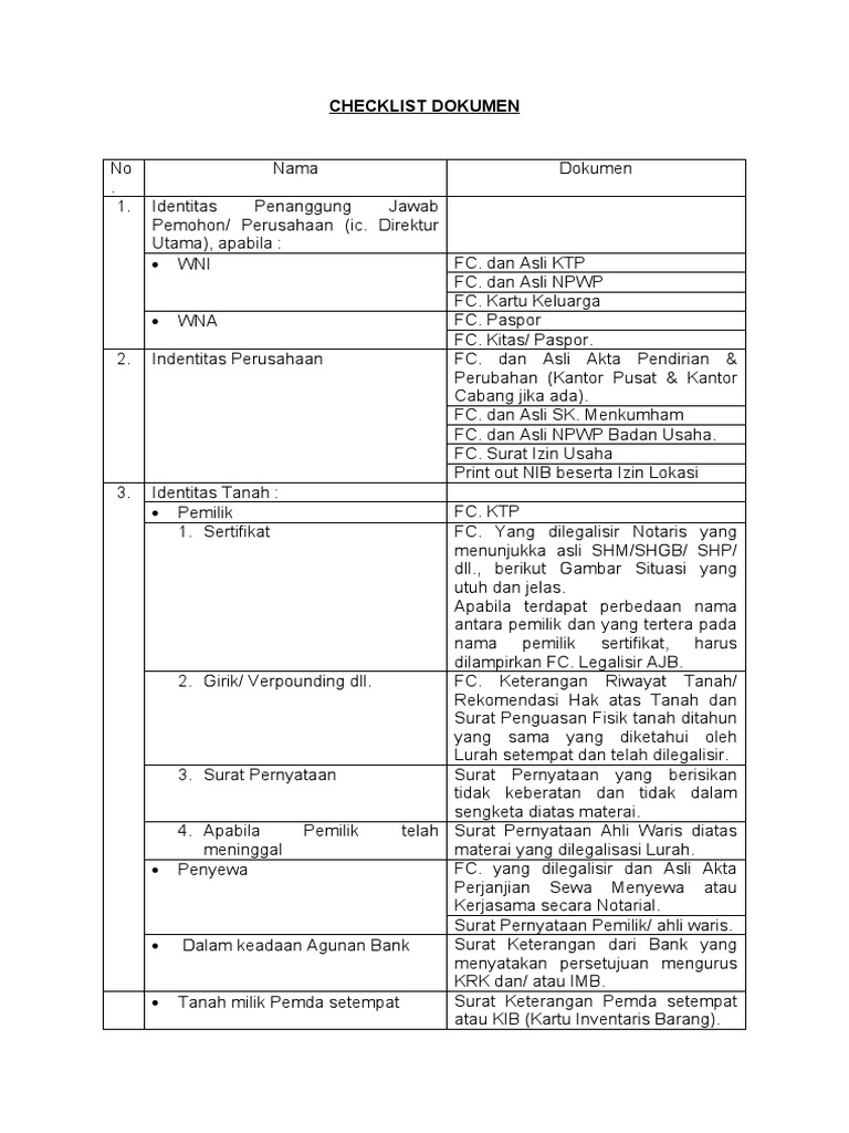 Checklist Dokumen SPBU-1 | PDF