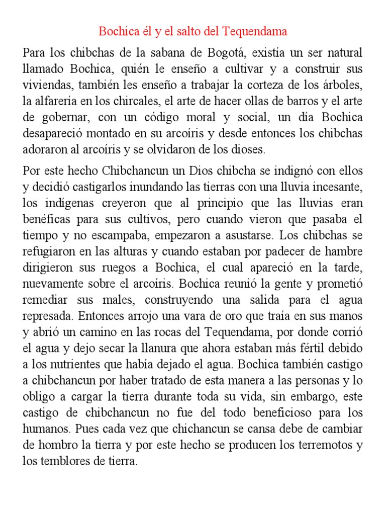 La leyenda chibcha de Bochica y el salto del Tequendama | PDF