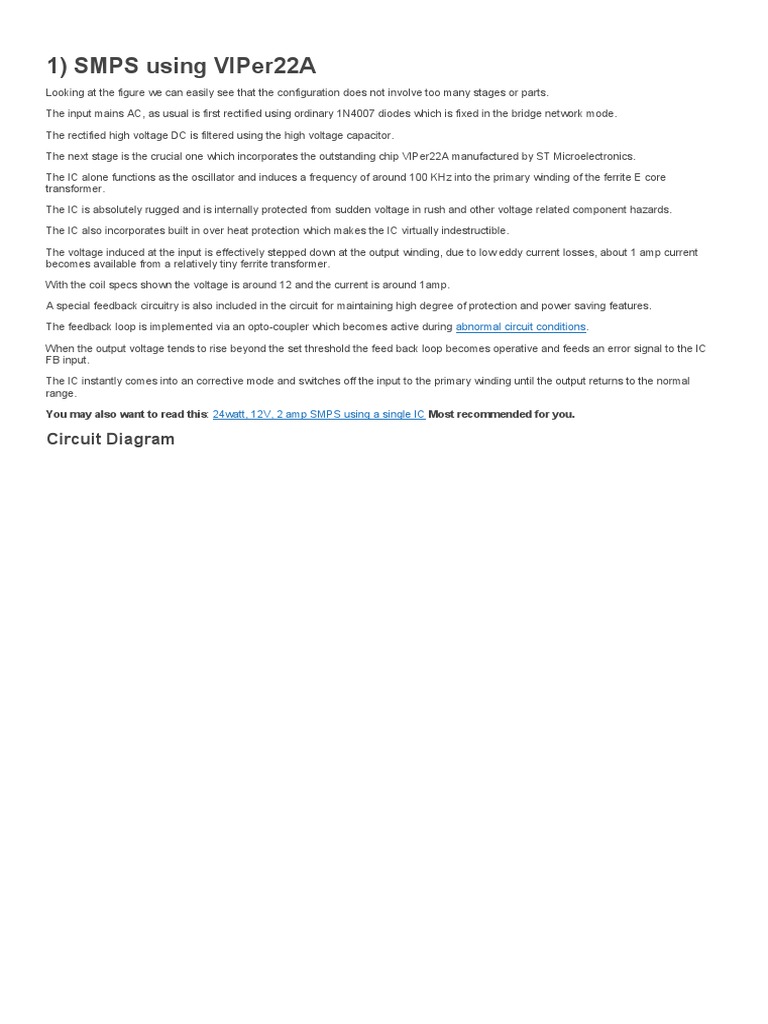 1) Smps Using Viper22A: Circuit Diagram | PDF | Amplifier | Rectifier