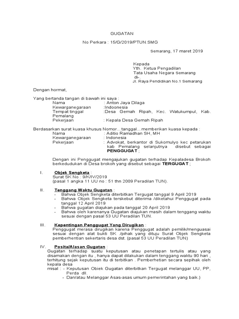 Contoh Surat Gugatan PTUN | PDF
