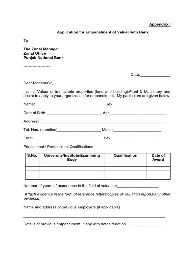 Appendix-I Application Form For Empanelment of Valuers PDF | PDF | Real ...