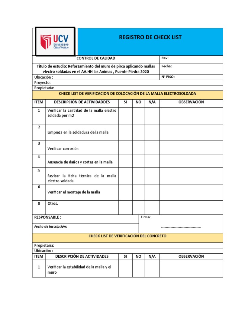Ficha de Check List Del Proceso Constructivo | PDF