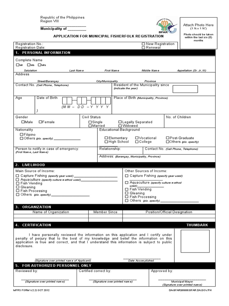 Municipal Fisherfolk Registration Form | PDF | Government | Aquaculture