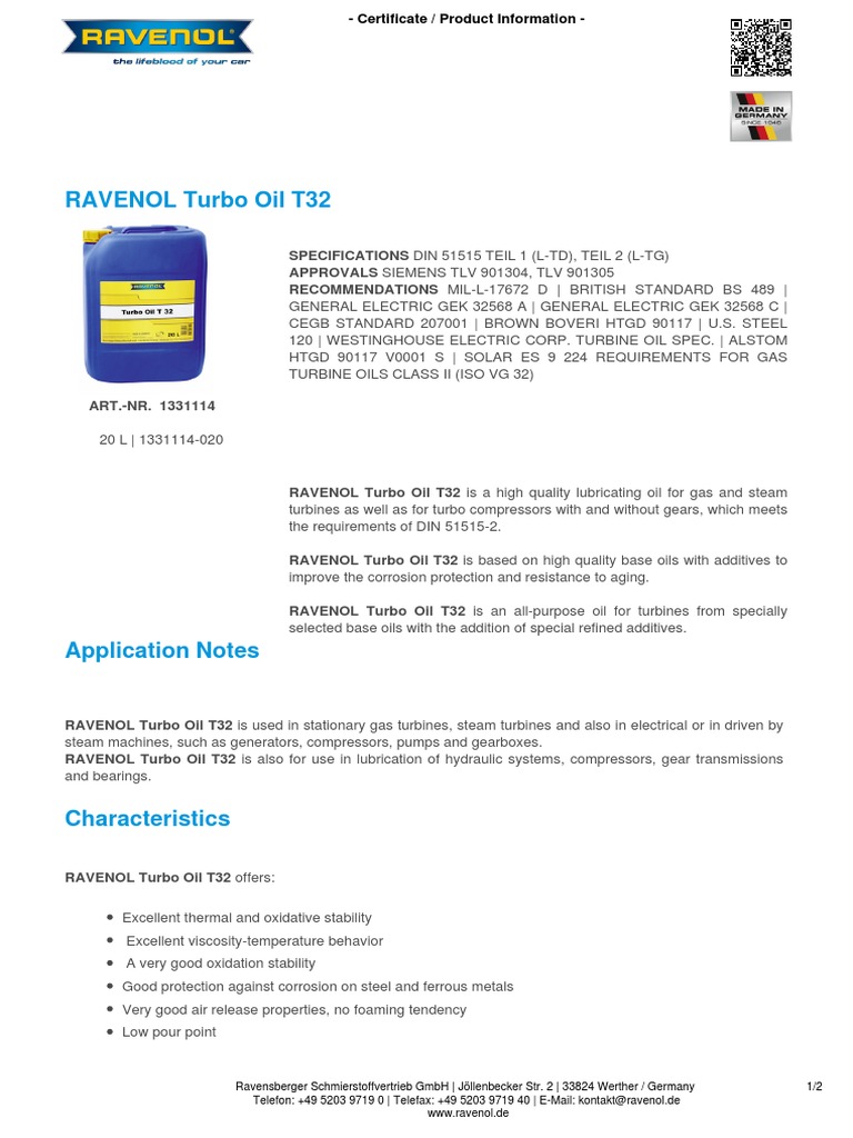 RAVENOL Turbo Oil T32 | PDF | Turbocharger | Motor Oil