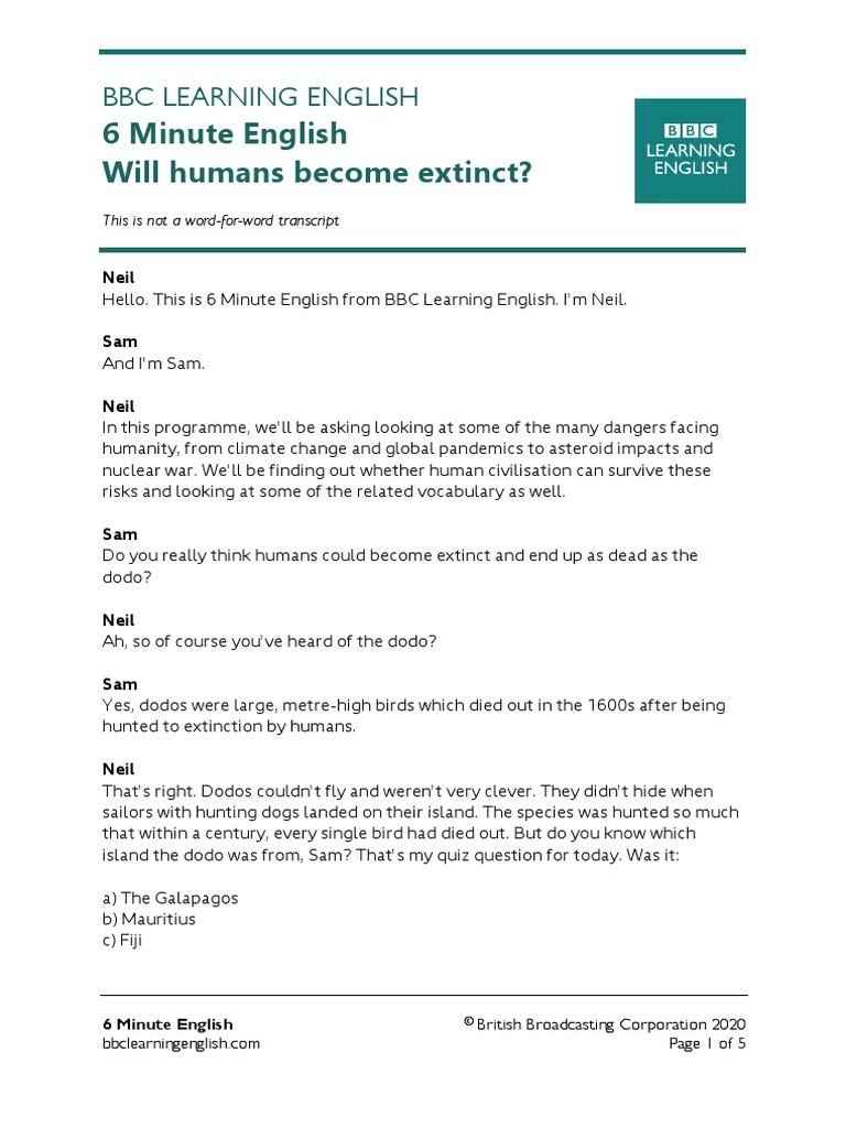 6 Minute English Will Humans Become Extinct? | PDF | Global ...