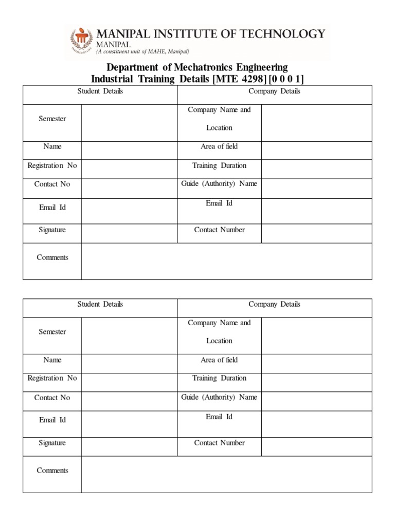 Department of Mechatronics Engineering Industrial Training Details (MTE ...