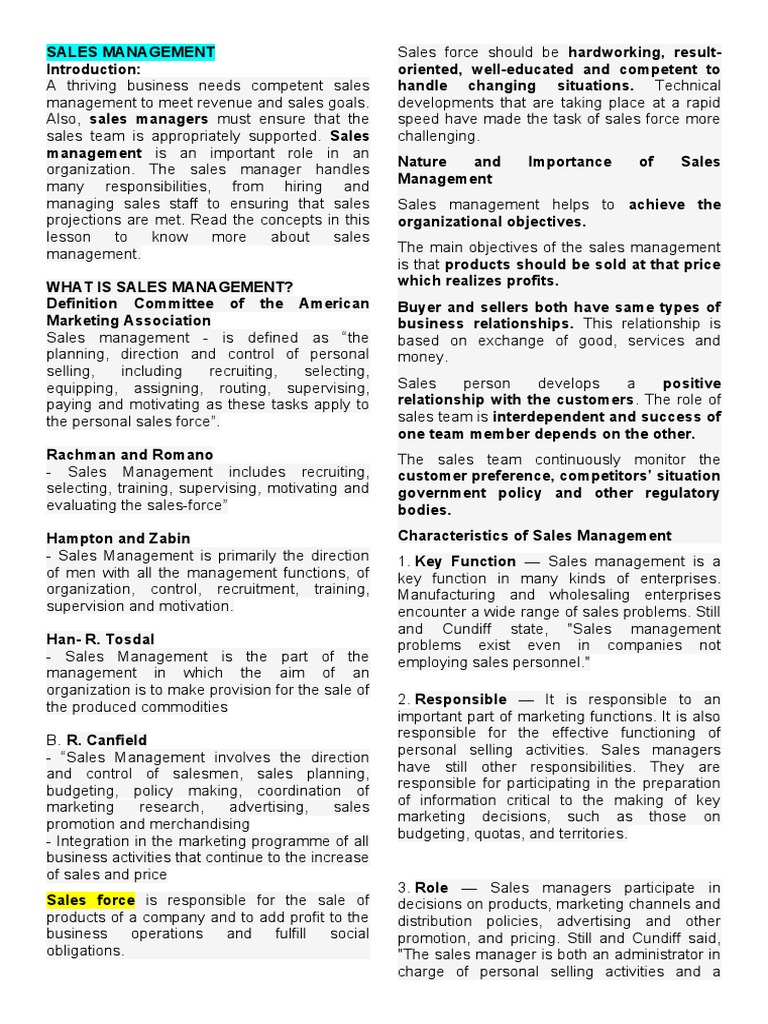 Sales Management Reviewer | PDF | Sales | Marketing
