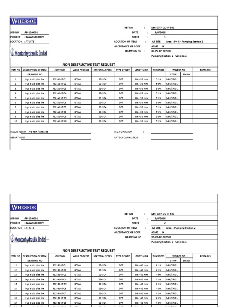 Non Destructive Test Request | PDF | Pipe (Fluid Conveyance) | Welding