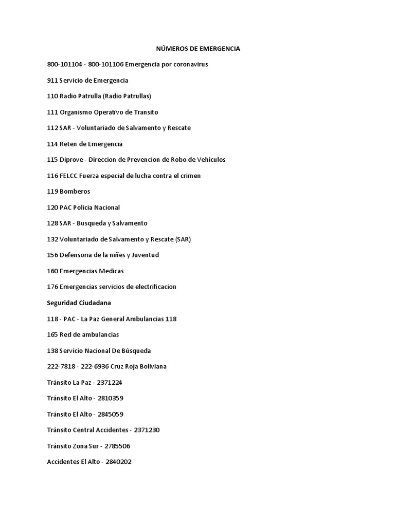 Números de Emergencia en Bolivia | PDF