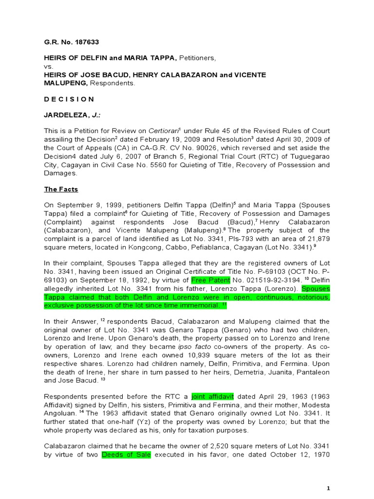 Quieting of Title. Case 1 | PDF | Title (Property) | Adverse Possession