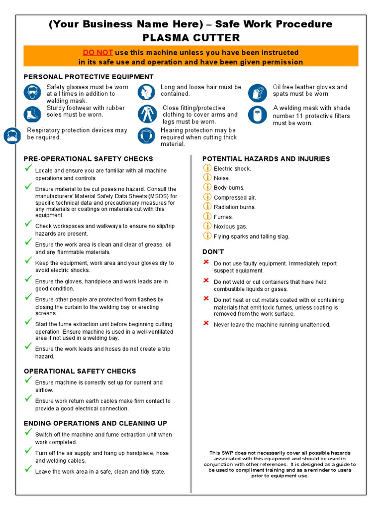 (Your Business Name Here) - Safe Work Procedure Plasma Cutter | PDF ...
