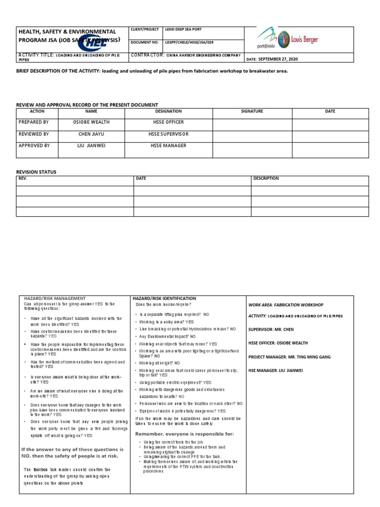 JSA for Loading/Unloading Pile Pipes | PDF | Personal Protective ...