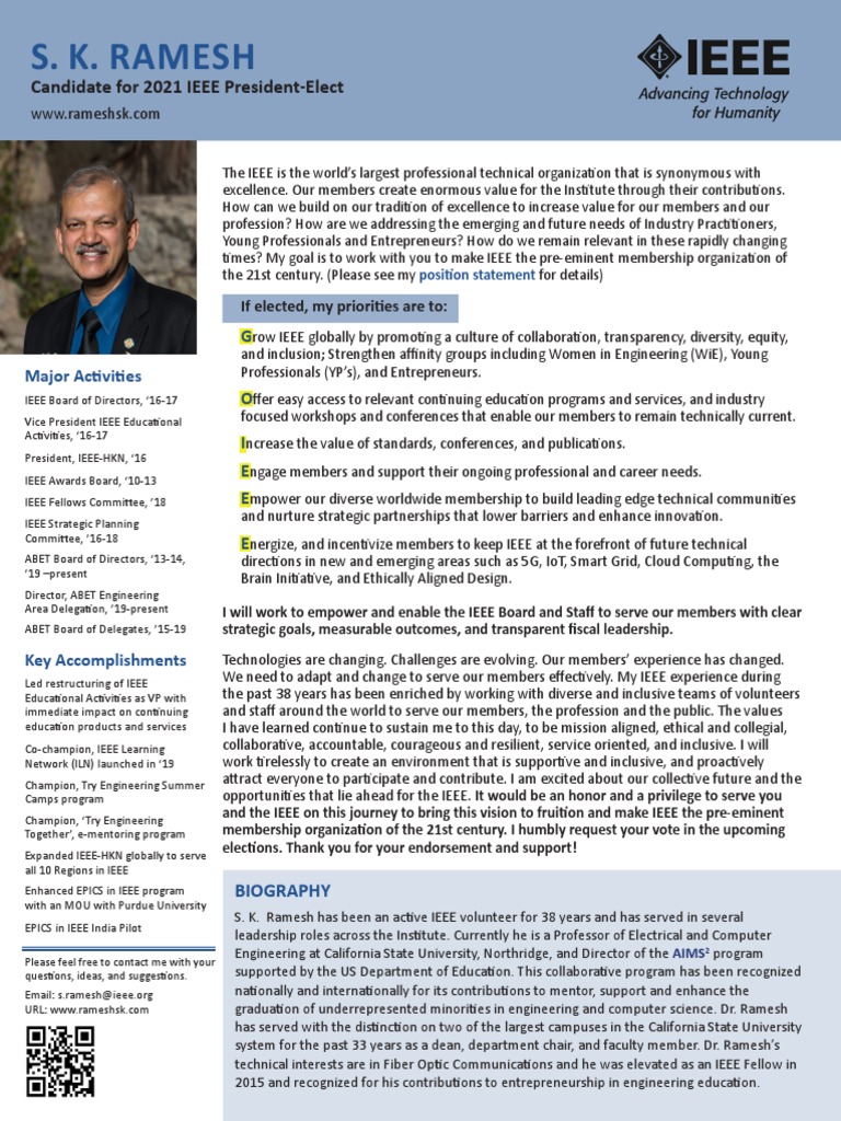 2021 IEEE President-Elect Candidate: S. K. Ramesh | PDF | Institute Of ...